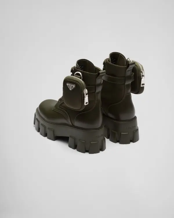 Prada Monolith Leather And Re-Nylon Boots With Pouch - Military